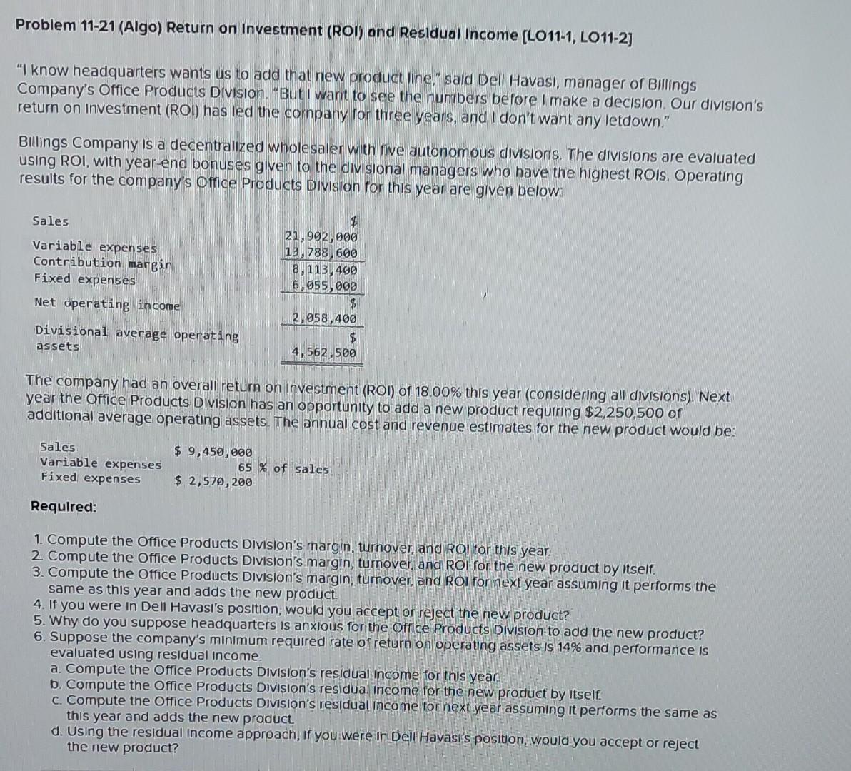 Solved Problem 11-21 (Algo) Return on Investment (ROI) and | Chegg.com