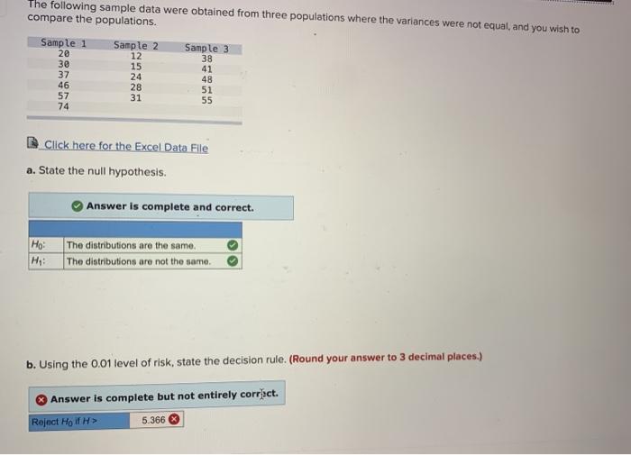 Solved The following sample data were obtained from three | Chegg.com