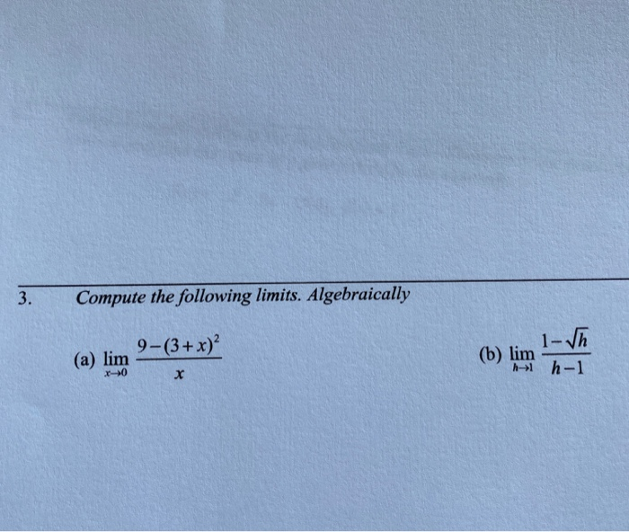 Solved 3. Compute the following limits. Algebraically 9-(3+ | Chegg.com