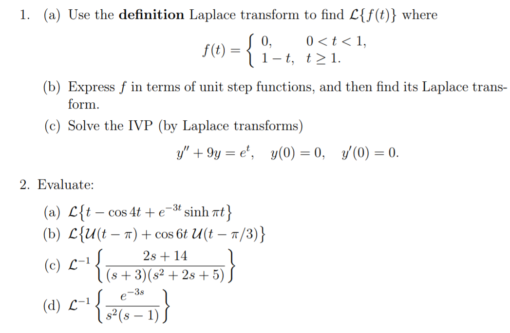 Solved 1. (a) Use the definition Laplace transform to find | Chegg.com