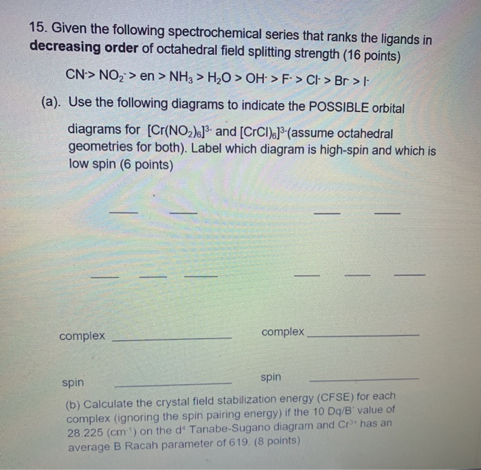 Solved 15. Given the following spectrochemical series that | Chegg.com