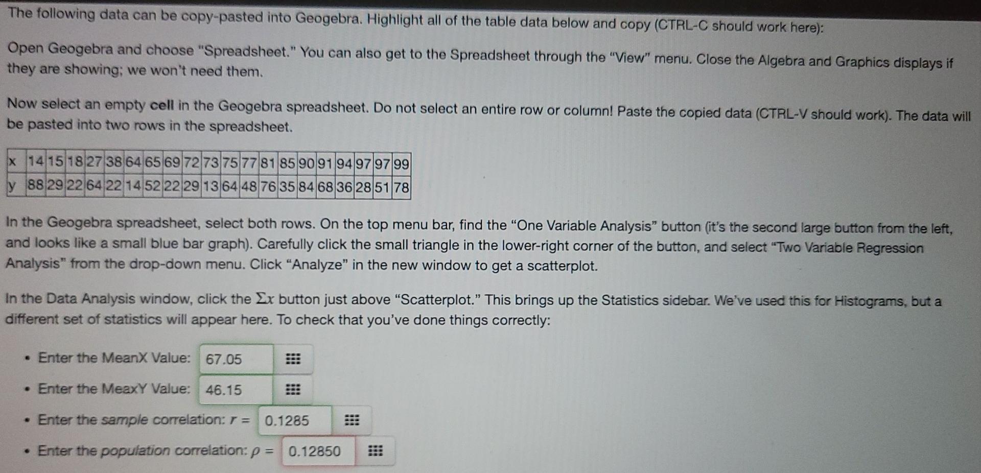 Solved The following data can be copy-pasted into Geogebra. | Chegg.com
