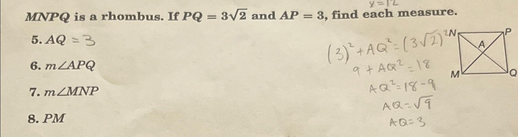 Solved MNPQ ﻿is a rhombus. If PQ=322 ﻿and AP=3, ﻿find each | Chegg.com