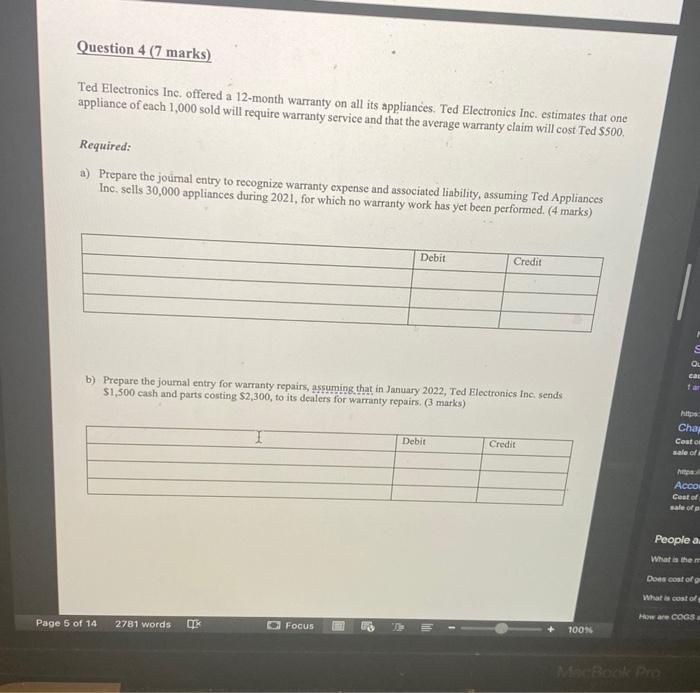 Solved Ted Electronics Inc. offered a 12-month warranty on | Chegg.com