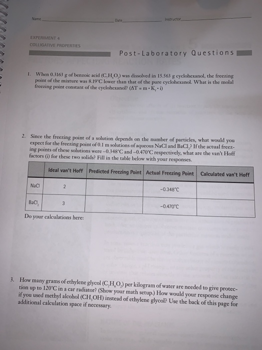 Solved Instructor Name Date EXPERIMENT 4 COLLIGATIVE | Chegg.com