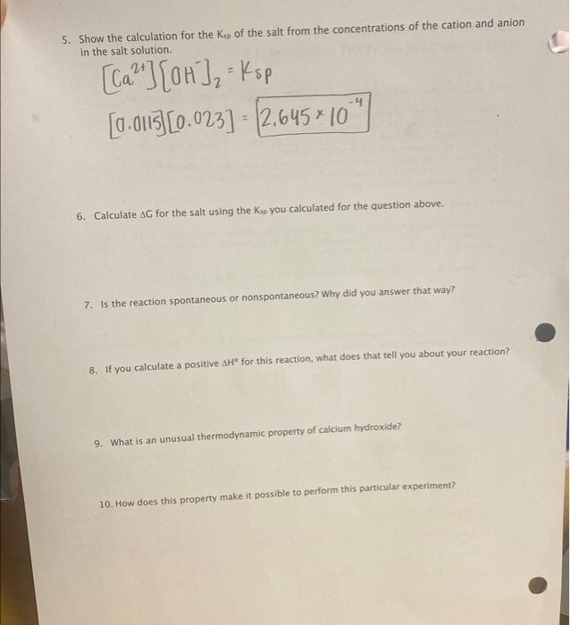 Solved 5. Show the calculation for the Ks, of the salt from | Chegg.com