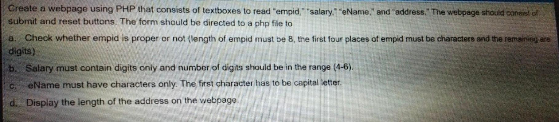 Solved Create a webpage using PHP that consists of textboxes | Chegg.com