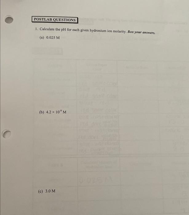 Solved 1. Calculate the pH for each given hydronium ion | Chegg.com