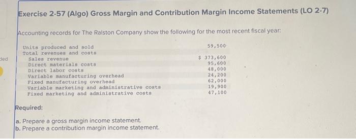 Solved Exercise 2-57 (Algo) Gross Margin and Contribution | Chegg.com