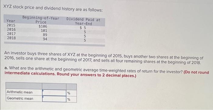 Solved XYZ stock price and dividend history are as follows: | Chegg.com