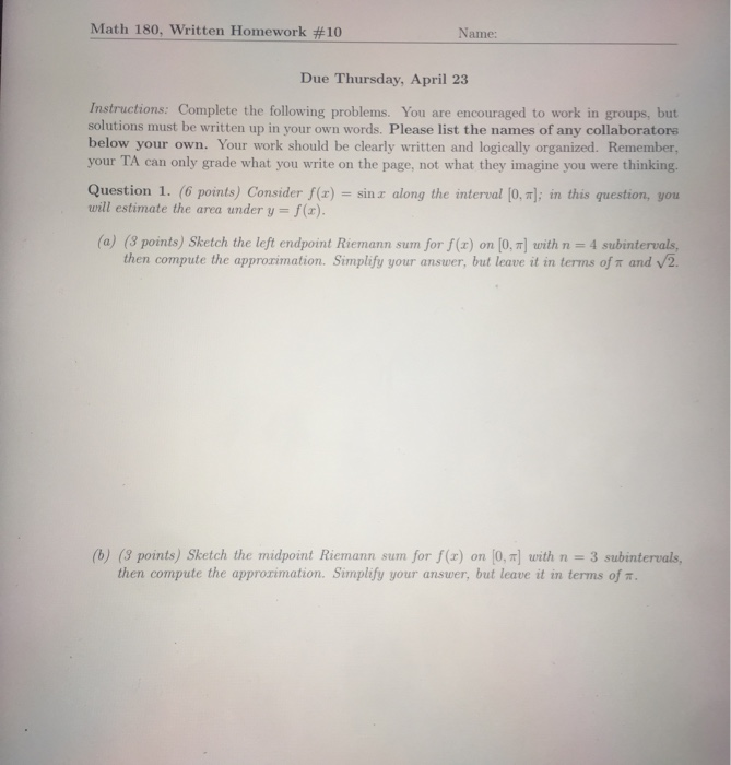 Solved Math 180, Written Homework #10 Name: Due Thursday, | Chegg.com