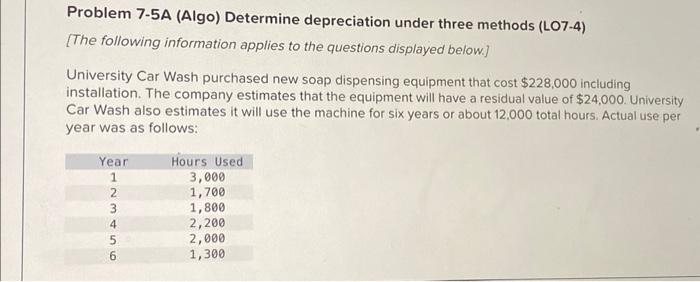 Solved Problem 7-5A (Algo) Determine depreciation under | Chegg.com