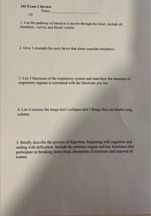 Solved 242 Exam 2 Review 10 Name 1. List the pathway of | Chegg.com