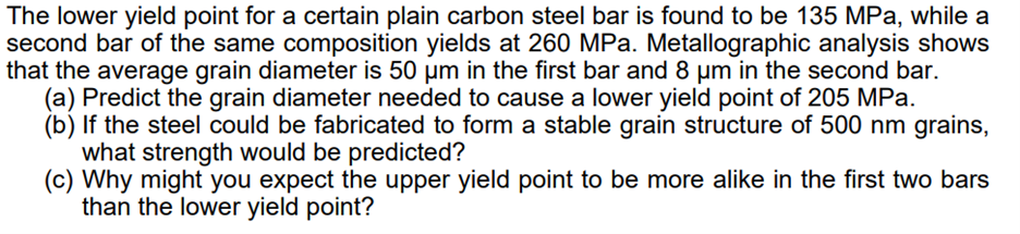 Solved The lower yield point for a certain plain carbon | Chegg.com