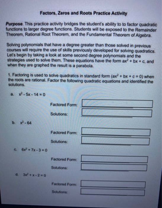 Solved Factors, Zeros and Roots Practice Activity Purpose. | Chegg.com