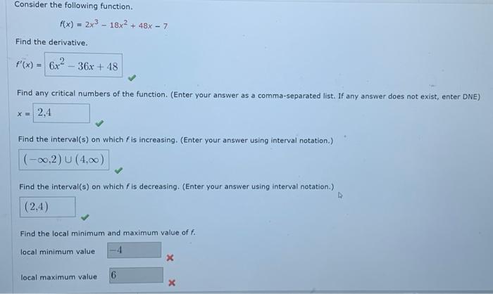 Solved Consider the following function. f(x)=2x3−18x2+48x−7 | Chegg.com