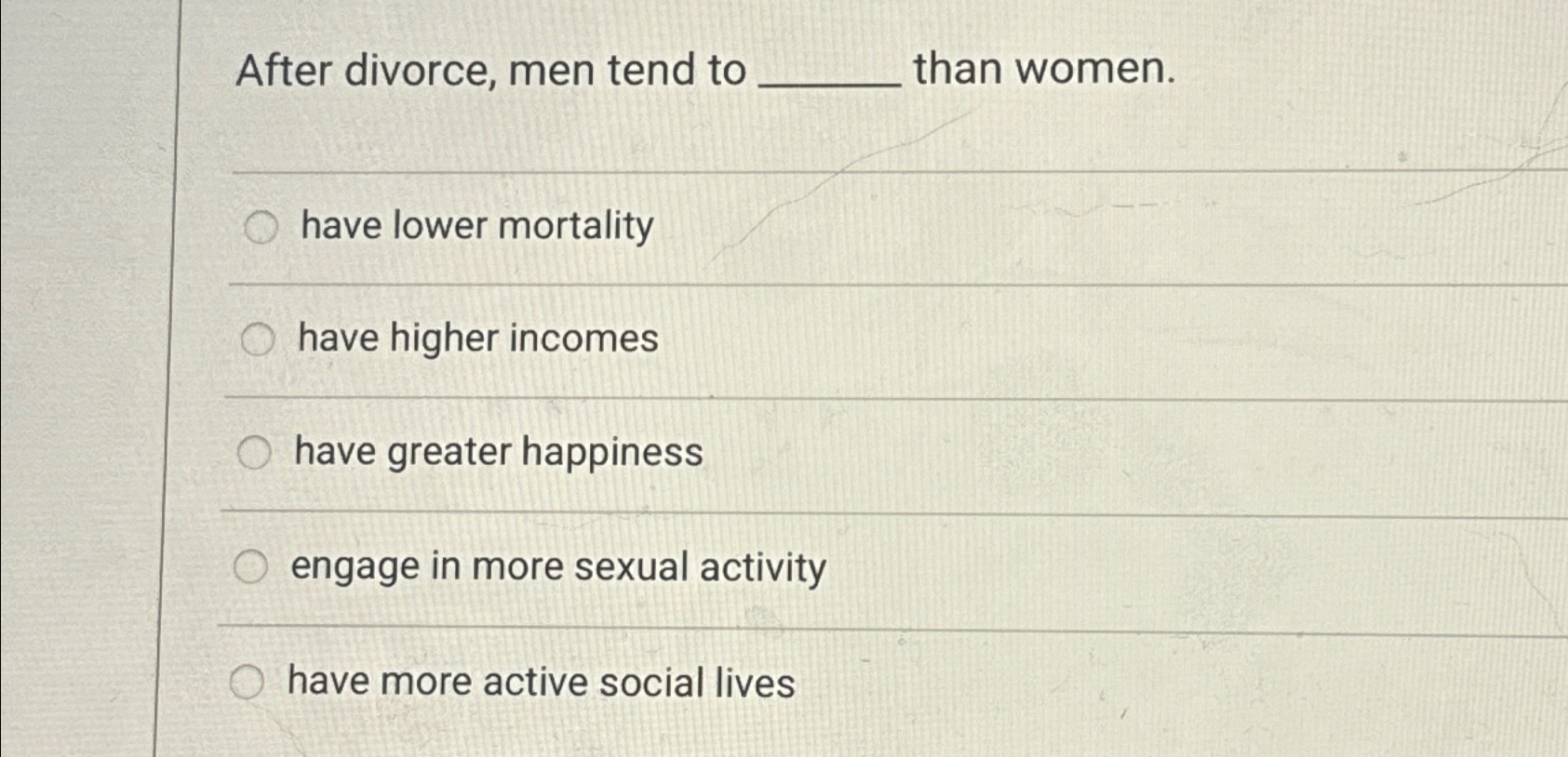 Solved After divorce, men tend to than women.have lower | Chegg.com