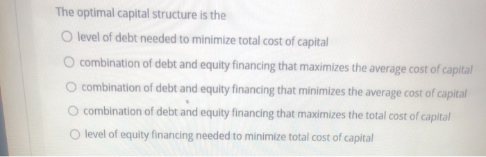 Solved The optimal capital structure is the O level of debt | Chegg.com