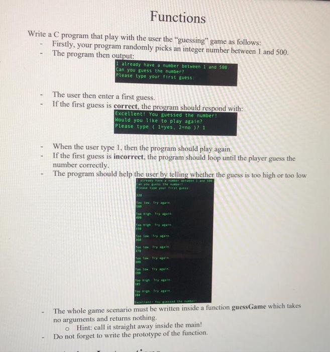 Solved Functions Write a C program that play with the user | Chegg.com