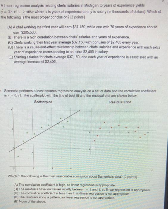 Solved A linear regression analysis relating chefs' salaries | Chegg.com