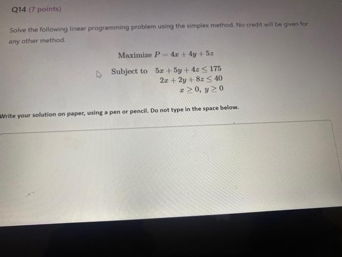 Solved Q14 (7 points) Solve the following linear programming | Chegg.com