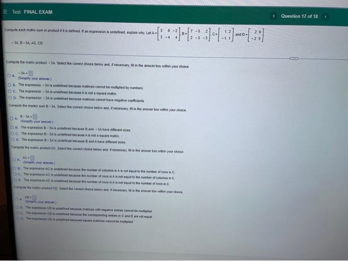 Solved Test: FINAL EXAM Compute each matrix sum or product | Chegg.com