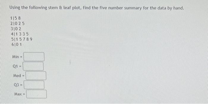 Solved Using the following stem \& leaf plot, find the five | Chegg.com