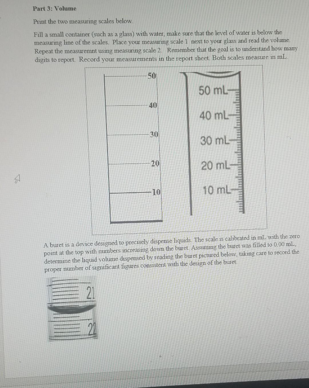 Solved Part 3: Volume Print the two measuring scales below. | Chegg.com