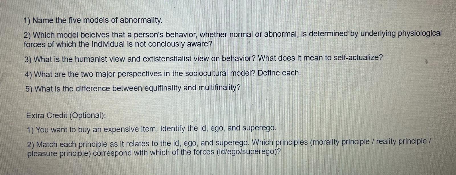 Solved Name the five models of abnormality.Which model | Chegg.com