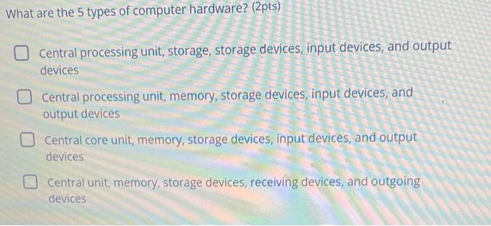 Solved What are the 5 types of computer hardware? (2pts) | Chegg.com