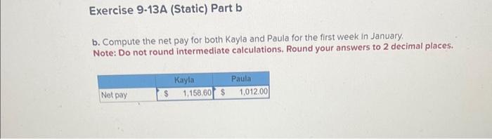 Solved Exercise 9-13A (Static) Computation of net pay and | Chegg.com