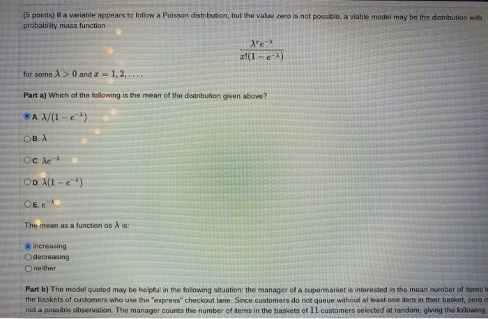 Solved (5 points) If a variable appears to follow a Poisson | Chegg.com