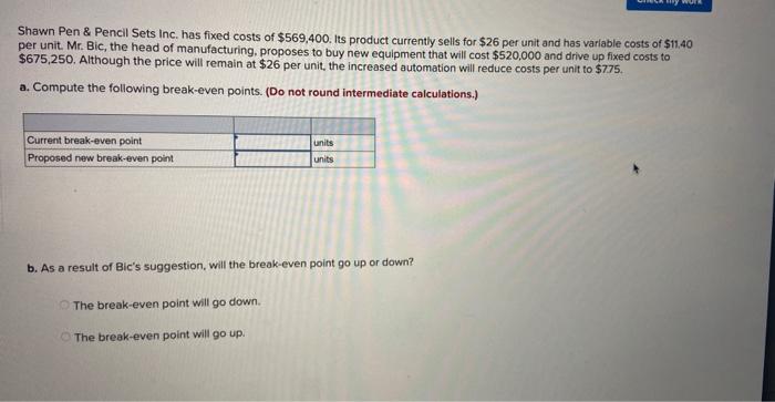 Solved Shawn Pen \& Pencil Sets inc. has fixed costs of | Chegg.com