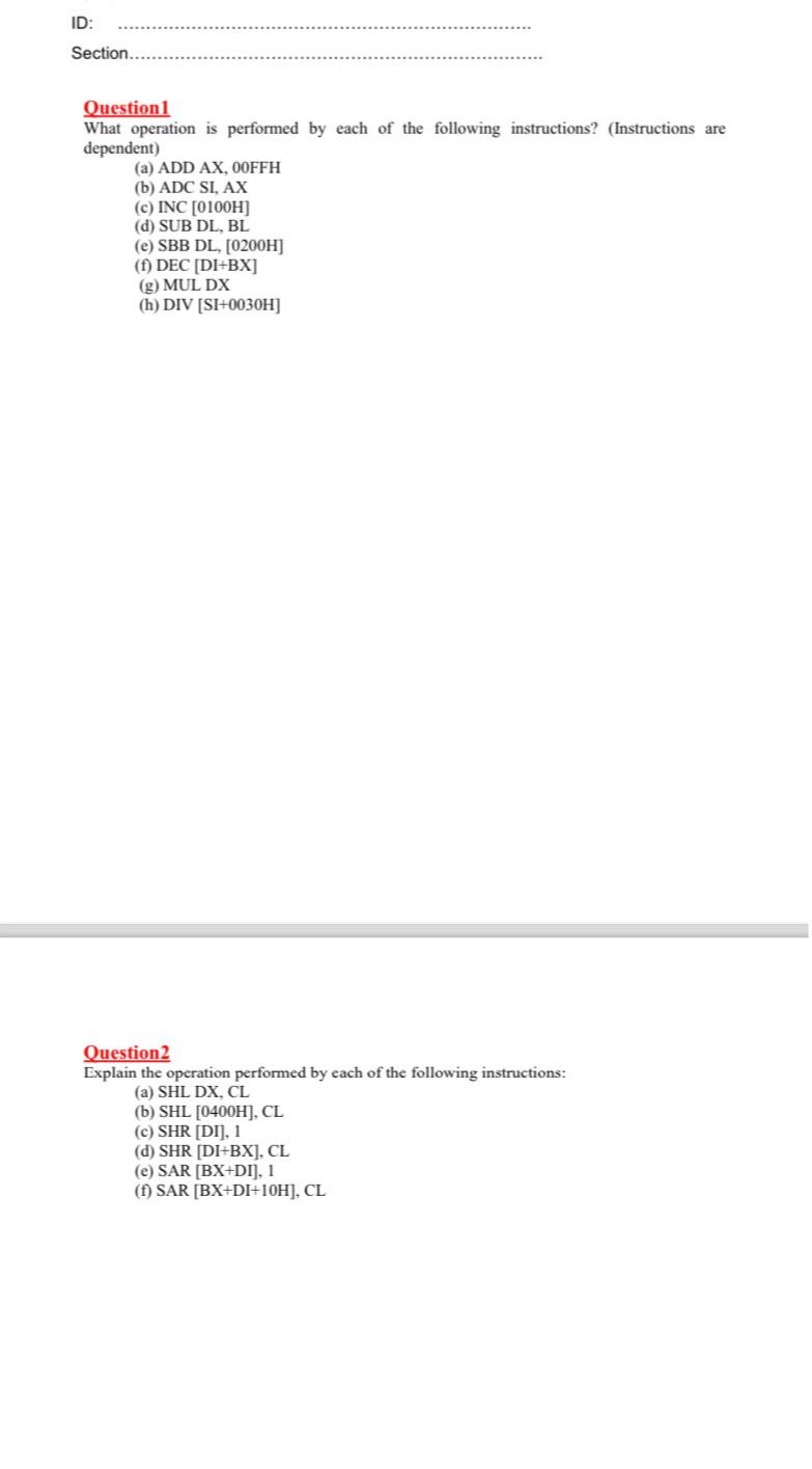 Solved Question 1What operation is performed by each of the | Chegg.com