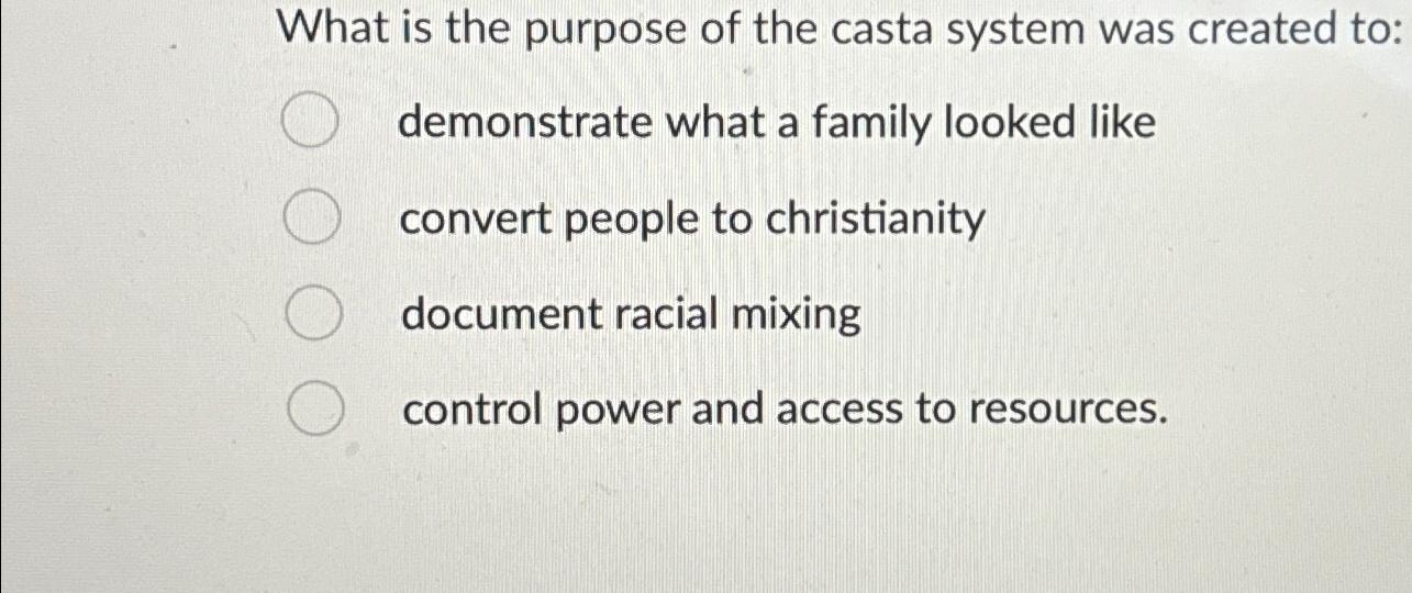 Solved What is the purpose of the casta system was created | Chegg.com