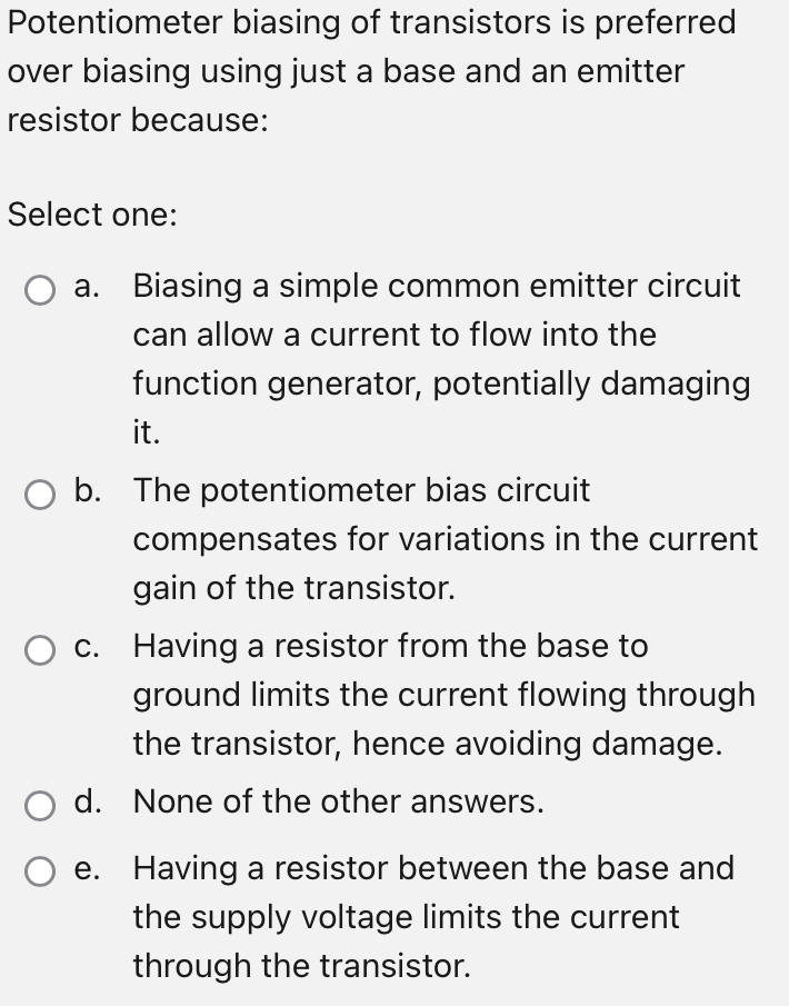 Solved Potentiometer biasing of transistors is preferred | Chegg.com
