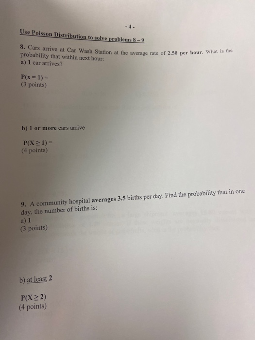 Solved -4- Use Poisson Distribution to solve problems 8-9 8. | Chegg.com