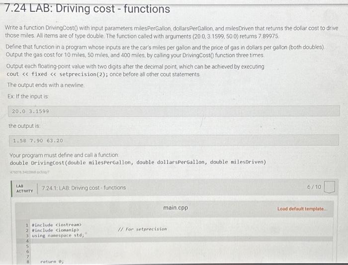 Solved Write a function DrivingCost: with input parameters | Chegg.com