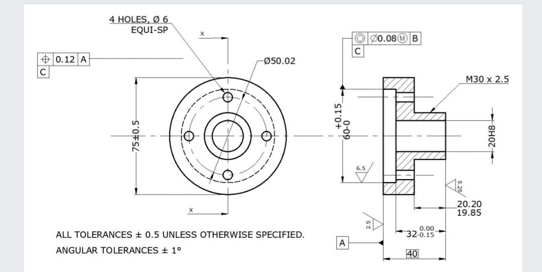 Solved 0 -20 32 4 HOLES, 06 EQUI-SP O Ø0.08 MB с 0.12 A | Chegg.com