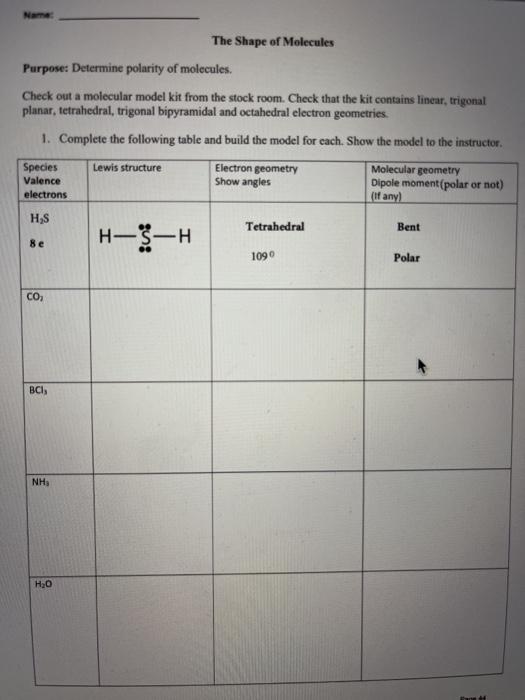 Solved The Shape of Molecules Purpose: Determine polarity of | Chegg.com