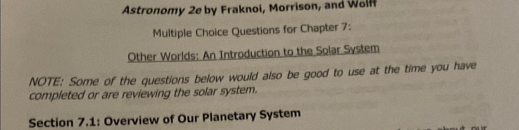 Solved Astronomy 2e ﻿by Fraknoi, Morrison, and WolfMultiple | Chegg.com