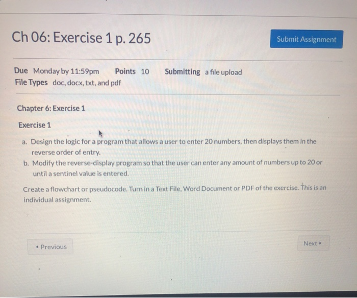 Solved Ch 06: Exercise 1 p. 265 Submit Assignment Due Monday | Chegg.com