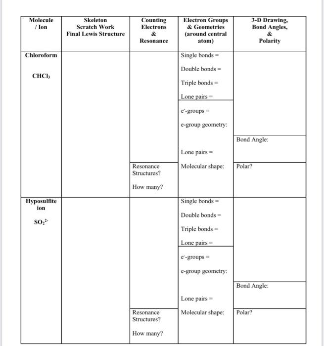 Solved 3-D Drawing, Bond Angles, Polarity 8. Complete the | Chegg.com