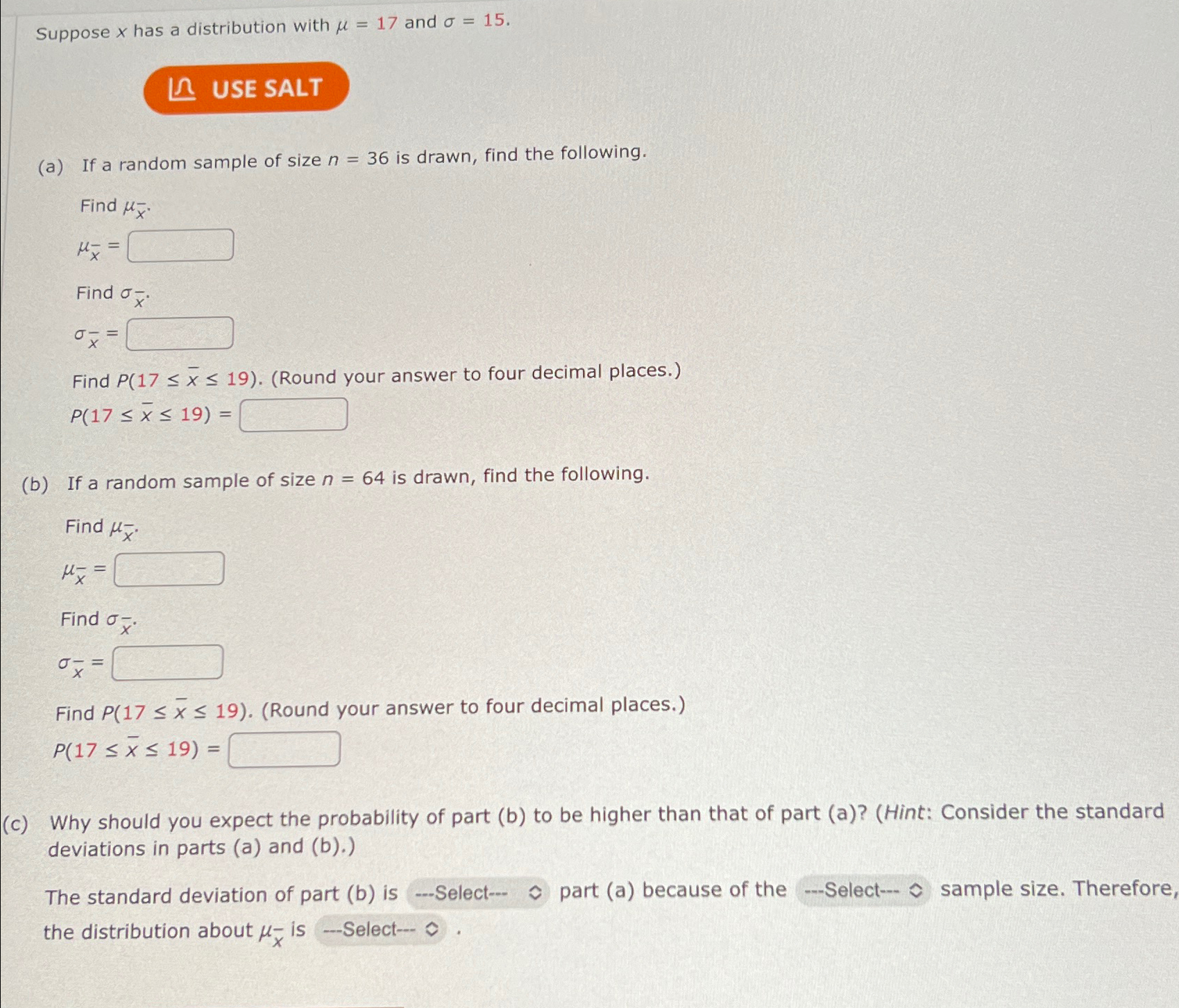Solved Suppose x ﻿has a distribution with μ=17 ﻿and σ=15.(a) | Chegg.com
