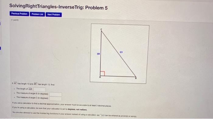 Solved SolvingRight Triangles-Inverse Trig: Problem 4 | Chegg.com