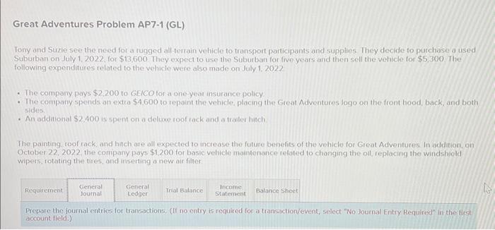 Solved Great Adventures Problem AP7-1 (GL) Tony and Suzie | Chegg.com