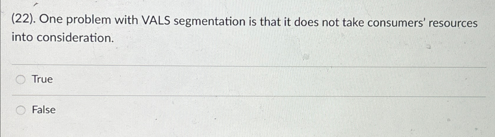 Solved (22). ﻿One problem with VALS segmentation is that it | Chegg.com