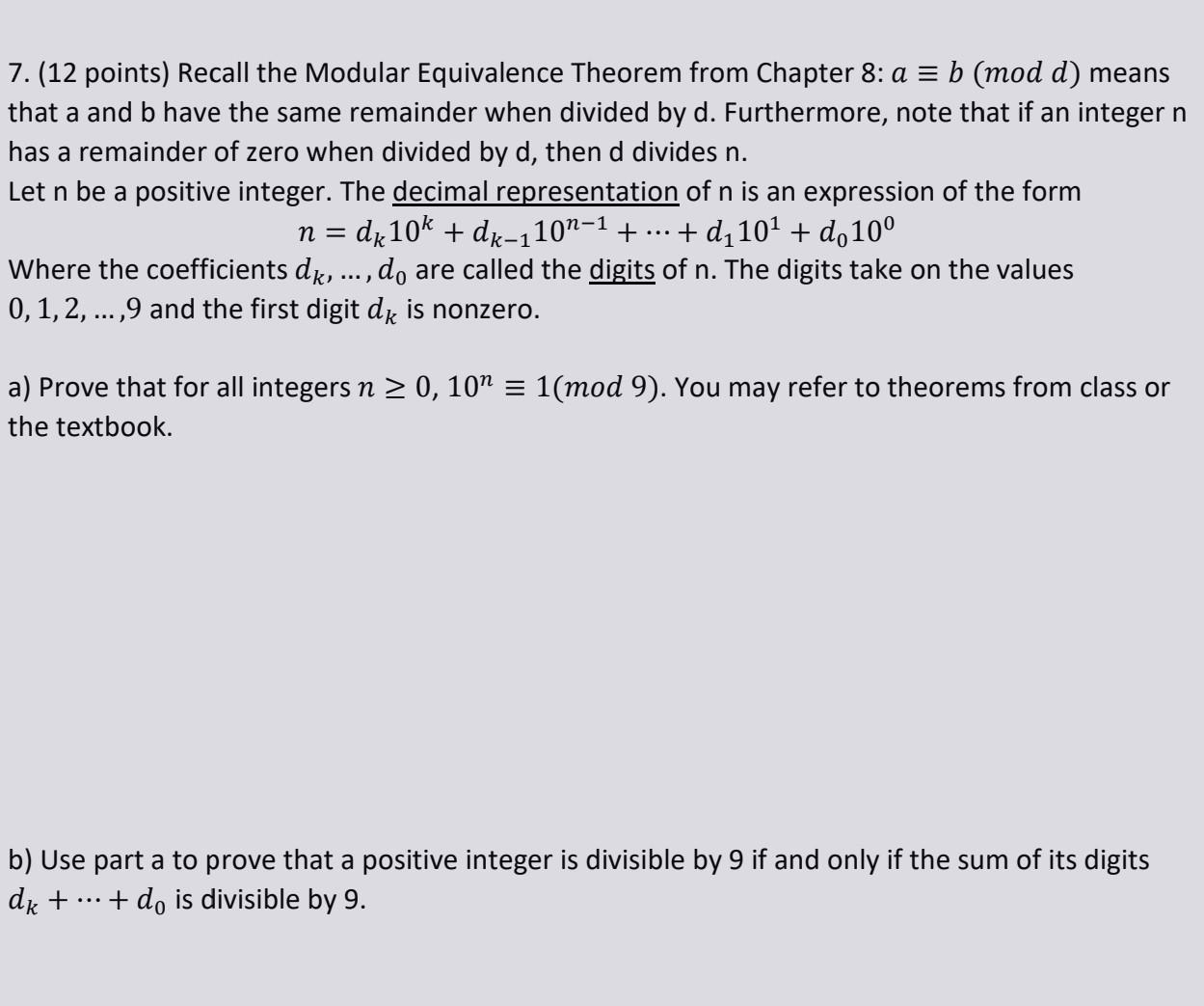 Solved 7. (12 points) Recall the Modular Equivalence Theorem | Chegg.com