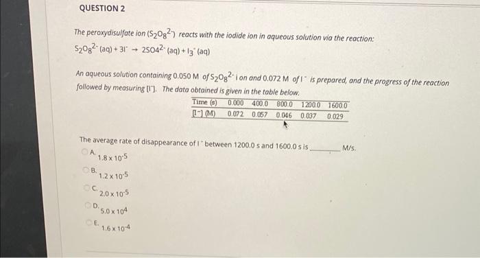 Solved The peroxydisulfate ion (S2O82 ) reacts with the | Chegg.com