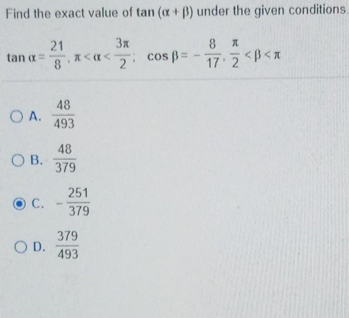 Solved Find the exact value of tan (« + B) under the given | Chegg.com